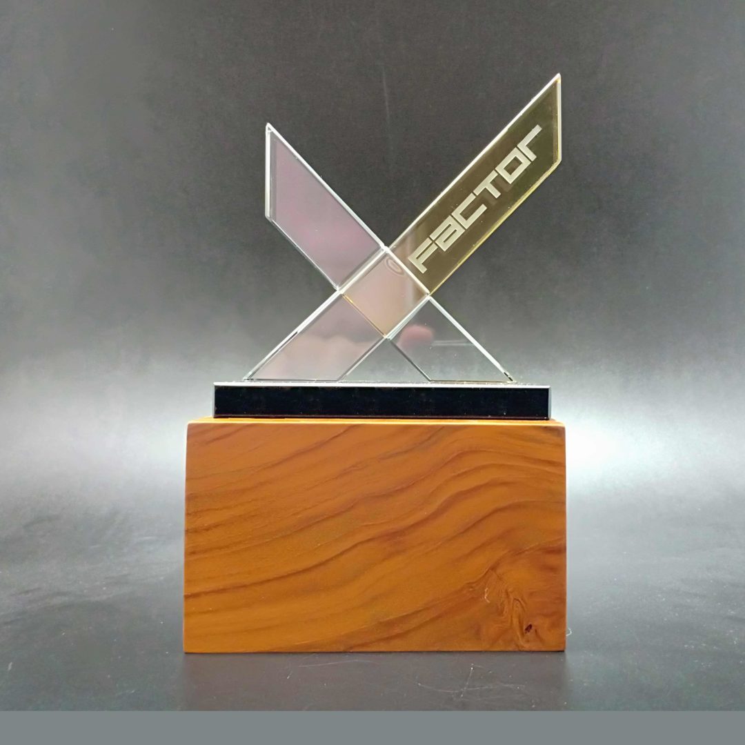 2D X-Factor Crystal Trophy on Hardwood Base - CORE MODUS PTE LTD
